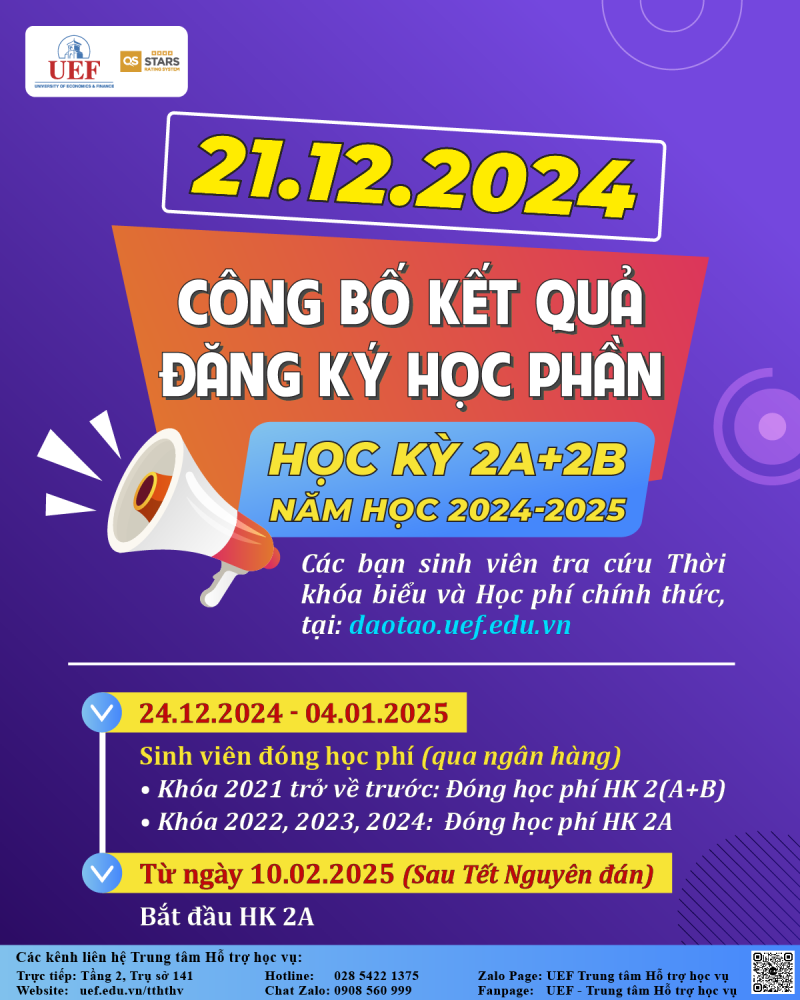 CÔNG BỐ KẾT QUẢ ĐĂNG KÝ HỌC PHẦN - HỌC KỲ 2A+2B, NĂM HỌC 2024-2025